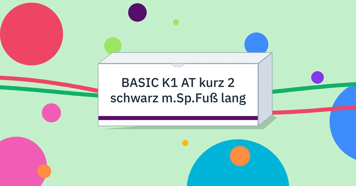 Symbolbild: Packung mit der Aufschrift BASIC K1 AT kurz 2 schwarz m.Sp.Fuß lang (PZN 20262357) – Verfügbarkeit und Bezug in Apotheken in Frankfurt am Main