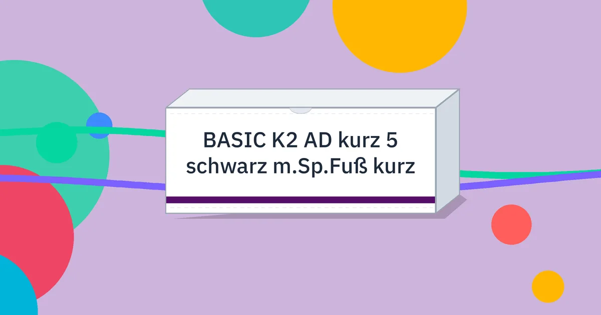 Symbolbild: Packung mit der Aufschrift BASIC K2 AD kurz 5 schwarz m.Sp.Fuß kurz (PZN 20265195) – Verfügbarkeit und Bezug in Apotheken in Frankfurt am Main