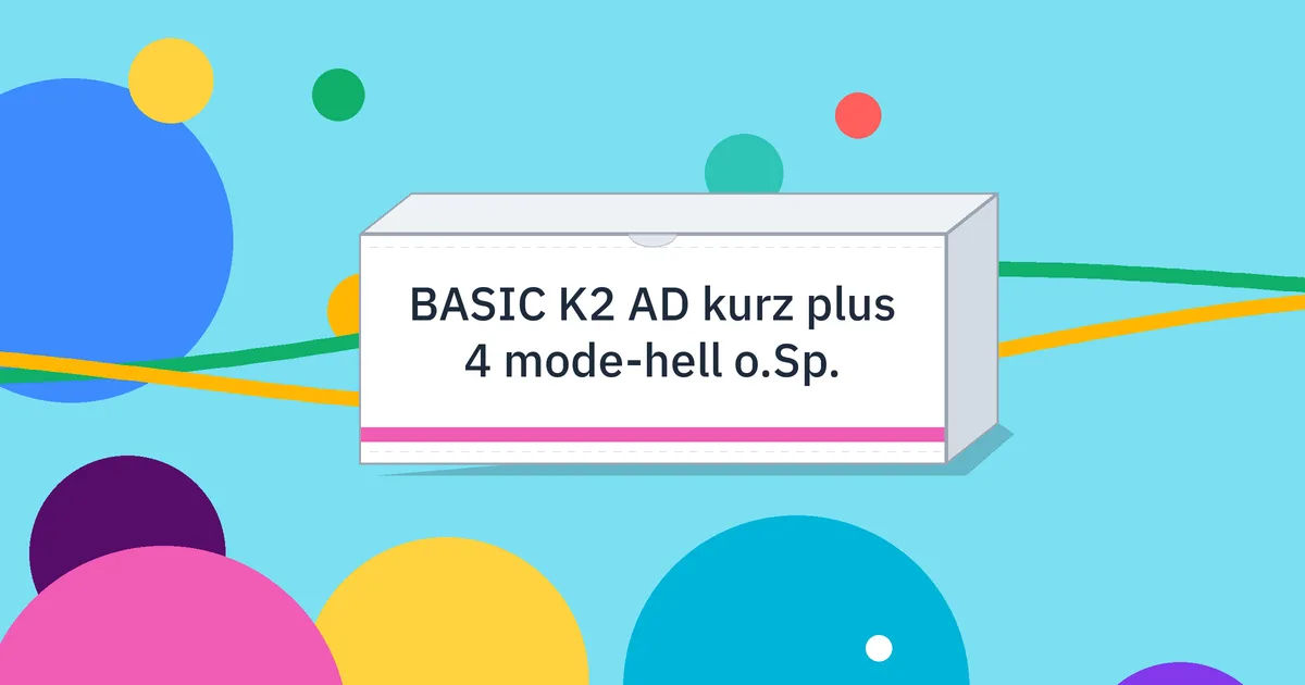 Symbolbild: Packung mit der Aufschrift BASIC K2 AD kurz plus 4 mode-hell o.Sp. (PZN 20264942) – Verfügbarkeit und Bezug in Apotheken in Frankfurt am Main