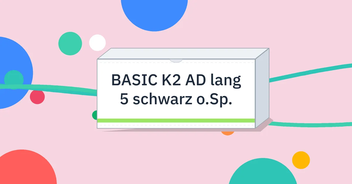 Symbolbild: Packung mit der Aufschrift BASIC K2 AD lang 5 schwarz o.Sp. (PZN 20265143) – Verfügbarkeit und Bezug in Apotheken in Frankfurt am Main