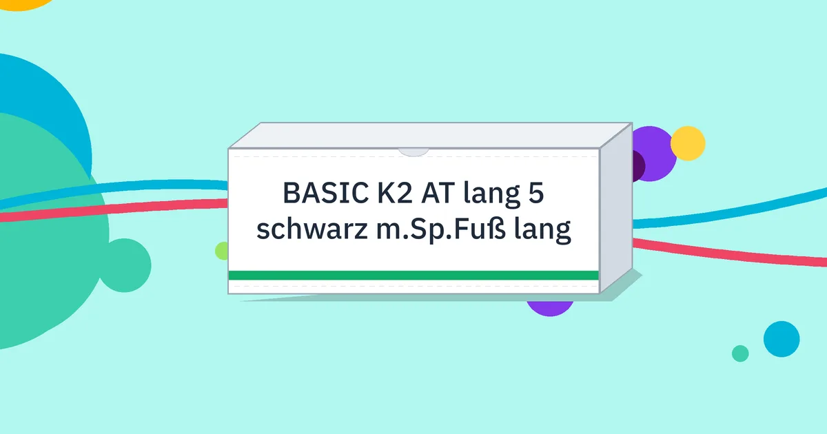 Symbolbild: Packung mit der Aufschrift BASIC K2 AT lang 5 schwarz m.Sp.Fuß lang (PZN 20269566) – Verfügbarkeit und Bezug in Apotheken in Frankfurt am Main