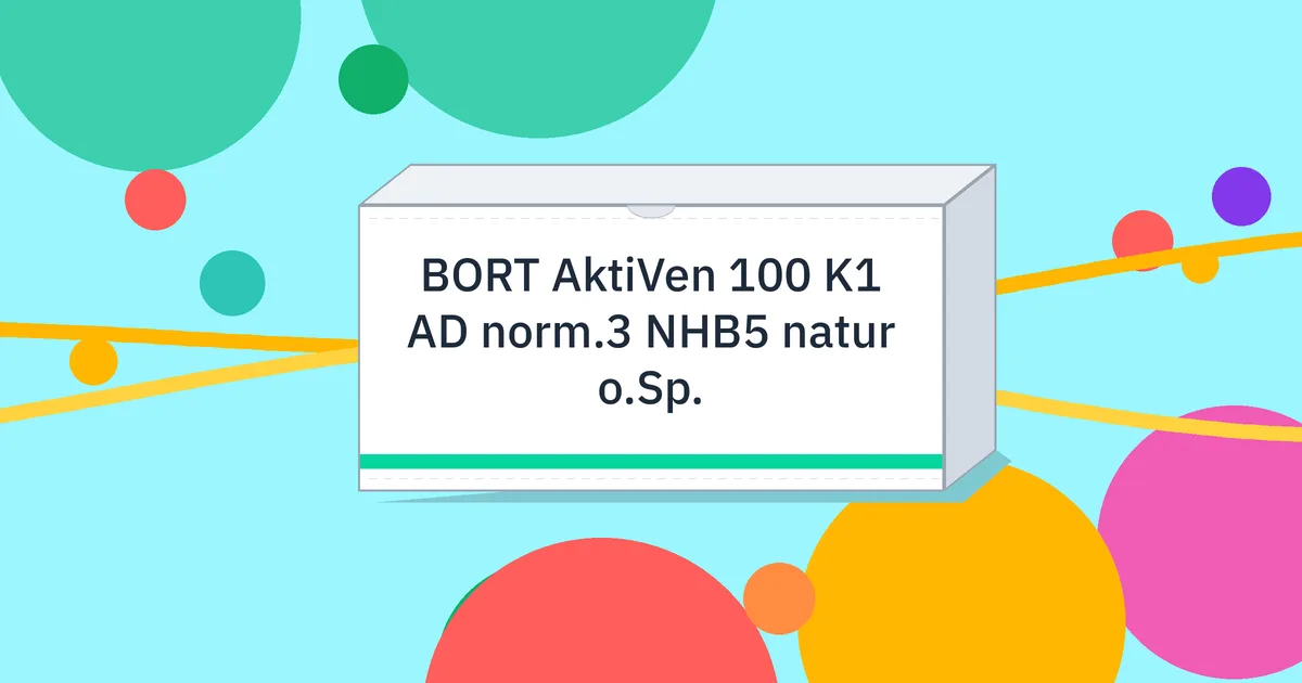 Symbolbild: Packung mit der Aufschrift BORT AktiVen 100 K1 AD norm.3 NHB5 natur o.Sp. (PZN 17493455) – Verfügbarkeit und Bezug in Apotheken in Frankfurt am Main