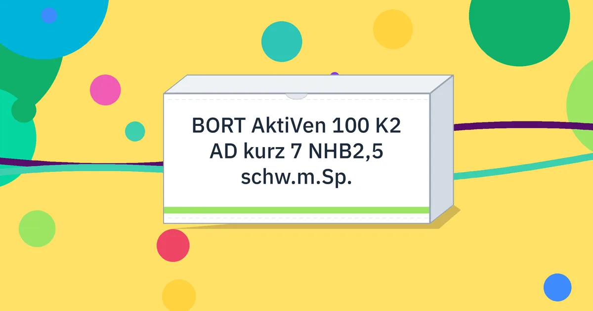 Symbolbild: Packung mit der Aufschrift BORT AktiVen 100 K2 AD kurz 7 NHB2,5 schw.m.Sp. (PZN 17501924) – Verfügbarkeit und Bezug in Apotheken in Frankfurt am Main