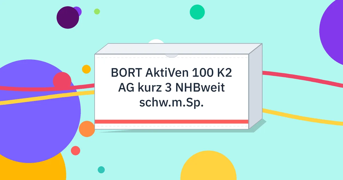 Symbolbild: Packung mit der Aufschrift BORT AktiVen 100 K2 AG kurz 3 NHBweit schw.m.Sp. (PZN 14388143) – Verfügbarkeit und Bezug in Apotheken in Frankfurt am Main