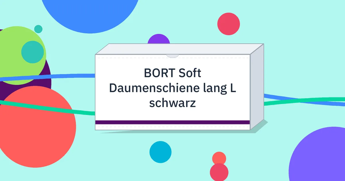 Symbolbild: Packung mit der Aufschrift BORT Soft Daumenschiene lang L schwarz (PZN 07669841) – Verfügbarkeit und Bezug in Apotheken in Frankfurt am Main