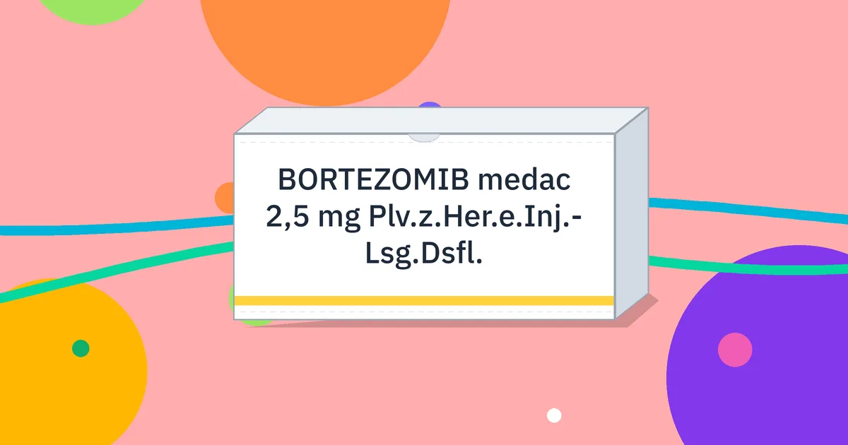Symbolbild: Packung mit der Aufschrift BORTEZOMIB medac 2,5 mg Plv.z.Her.e.Inj.-Lsg.Dsfl. (PZN 14290869) – Verfügbarkeit und Bezug in Apotheken in Frankfurt am Main