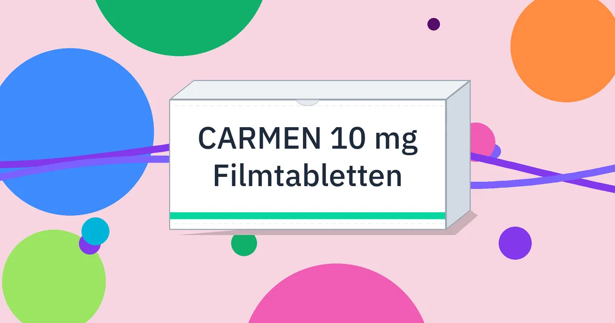 Symbolbild: Packung mit der Aufschrift CARMEN 10 mg Filmtabletten (PZN 01339835) – Verfügbarkeit und Bezug in Apotheken in Frankfurt am Main