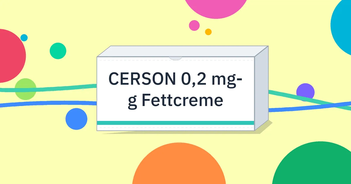 Symbolbild: Packung mit der Aufschrift CERSON 0,2 mg-g Fettcreme (PZN 16609217) – Verfügbarkeit und Bezug in Apotheken in Frankfurt am Main