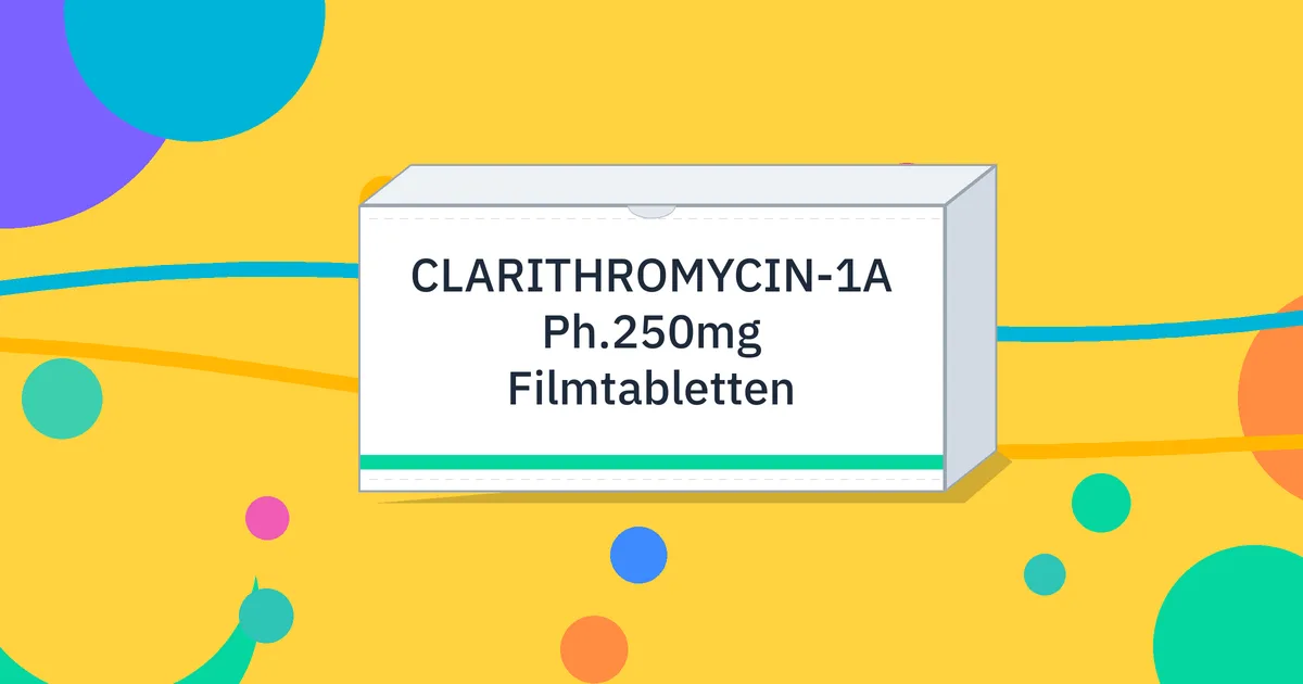Symbolbild: Packung mit der Aufschrift CLARITHROMYCIN-1A Ph.250mg Filmtabletten (PZN 04255903) – Verfügbarkeit und Bezug in Apotheken in Frankfurt am Main