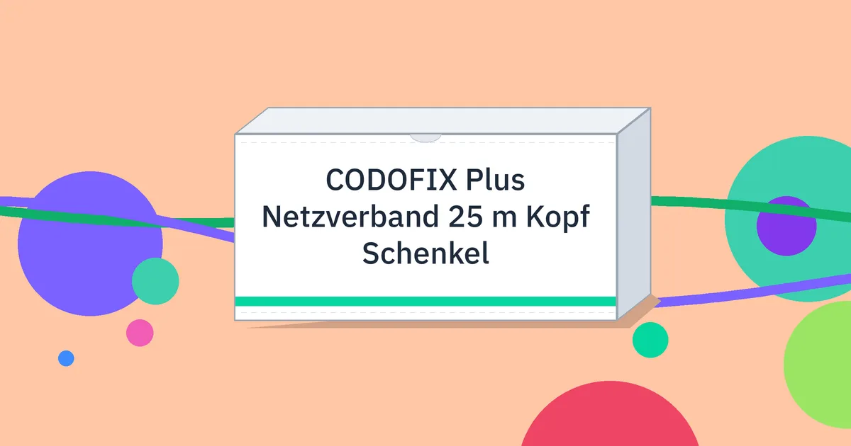 Symbolbild: Packung mit der Aufschrift CODOFIX Plus Netzverband 25 m Kopf Schenkel (PZN 06928298) – Verfügbarkeit und Bezug in Apotheken in Frankfurt am Main