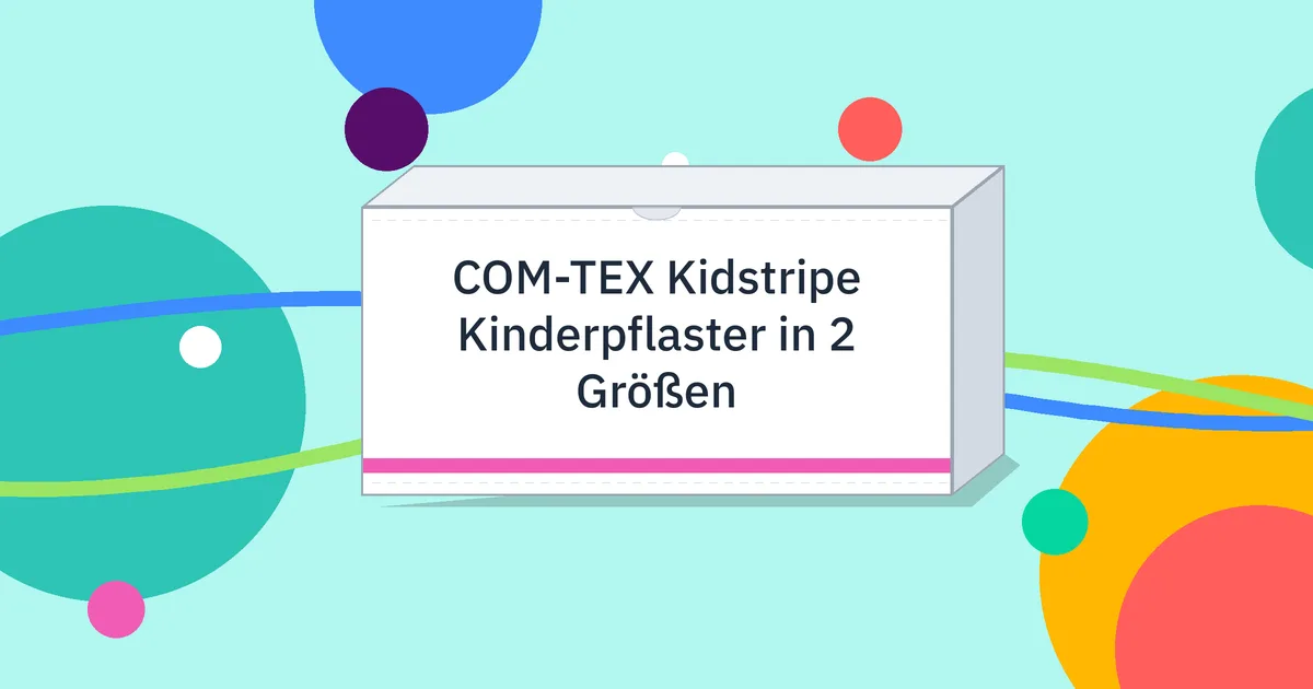 Symbolbild: Packung mit der Aufschrift COM-TEX Kidstripe Kinderpflaster in 2 Größen (PZN 10285860) – Verfügbarkeit und Bezug in Apotheken in Frankfurt am Main