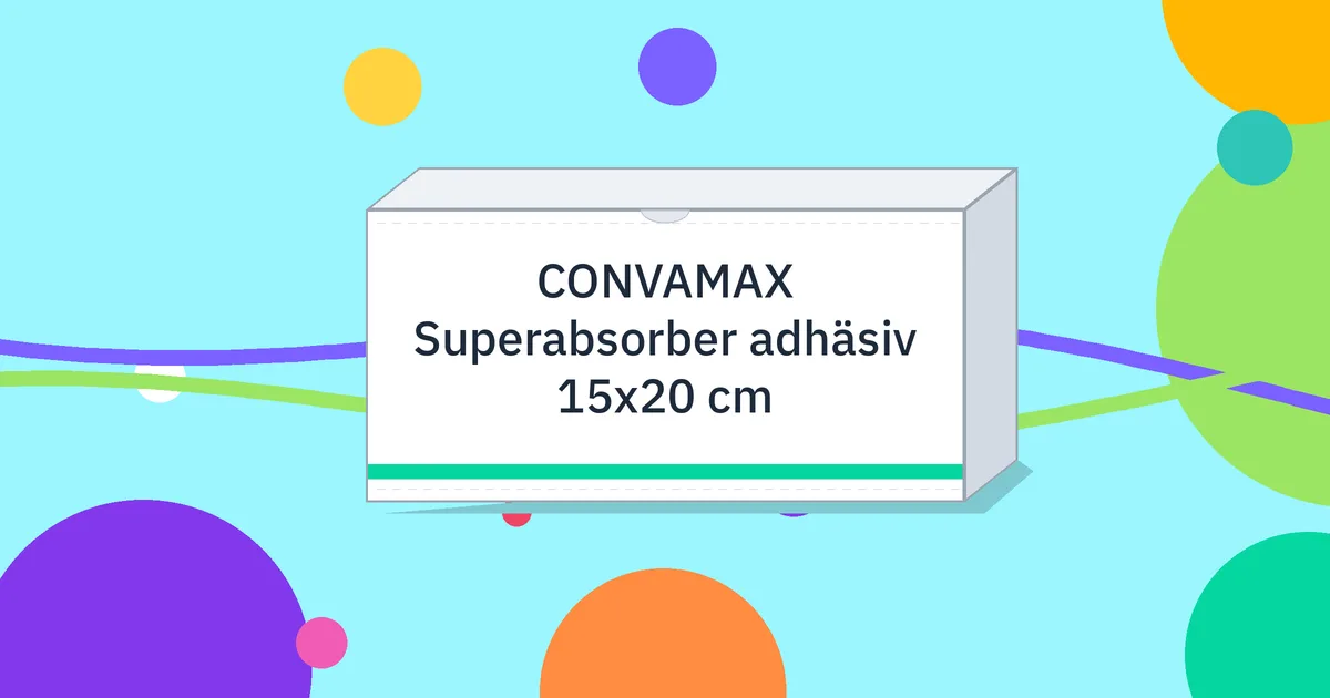 Symbolbild: Packung mit der Aufschrift CONVAMAX Superabsorber adhäsiv 15x20 cm (PZN 16733845) – Verfügbarkeit und Bezug in Apotheken in Frankfurt am Main