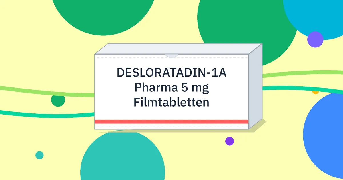 Symbolbild: Packung mit der Aufschrift DESLORATADIN-1A Pharma 5 mg Filmtabletten (PZN 09693246) – Verfügbarkeit und Bezug in Apotheken in Frankfurt am Main