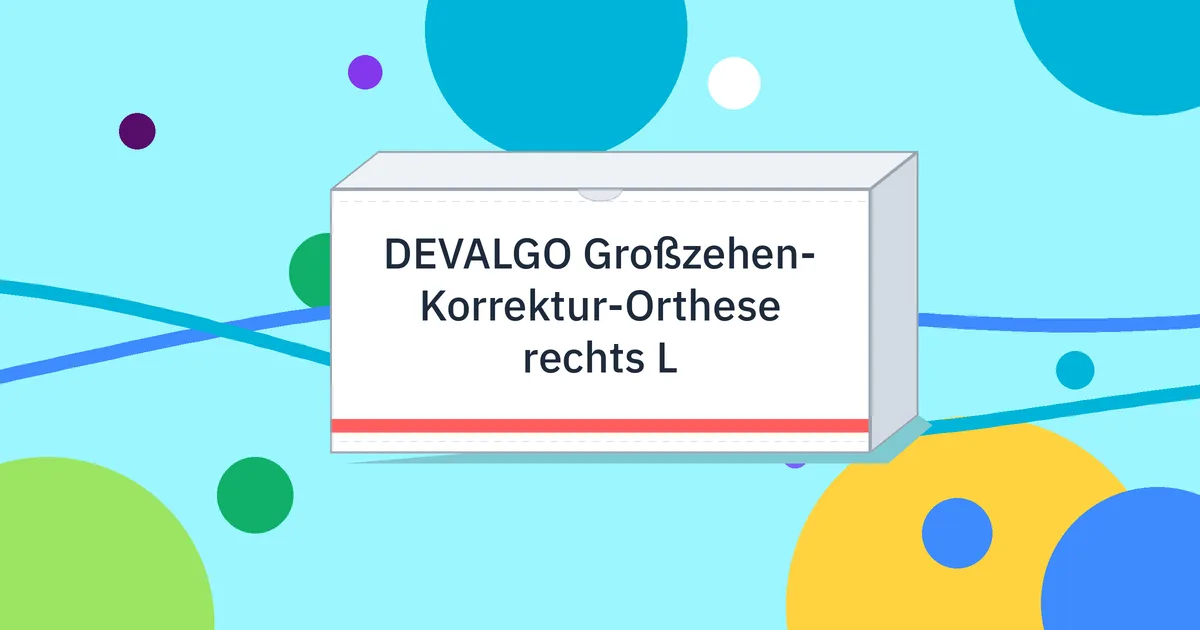 Symbolbild: Packung mit der Aufschrift DEVALGO Großzehen-Korrektur-Orthese rechts L (PZN 17197610) – Verfügbarkeit und Bezug in Apotheken in Frankfurt am Main