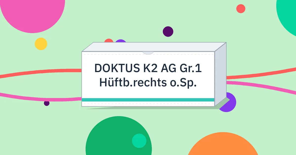 Symbolbild: Packung mit der Aufschrift DOKTUS K2 AG Gr.1 Hüftb.rechts o.Sp. (PZN 03310988) – Verfügbarkeit und Bezug in Apotheken in Frankfurt am Main