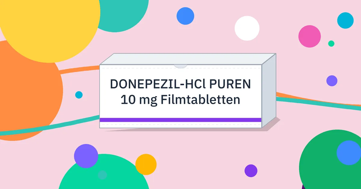 Symbolbild: Packung mit der Aufschrift DONEPEZIL-HCl PUREN 10 mg Filmtabletten (PZN 12774356) – Verfügbarkeit und Bezug in Apotheken in Frankfurt am Main