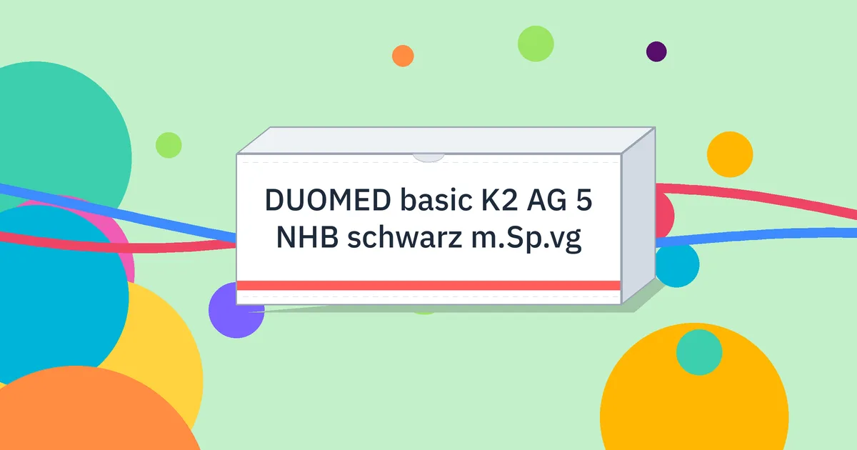 Symbolbild: Packung mit der Aufschrift DUOMED basic K2 AG 5 NHB schwarz m.Sp.vg (PZN 20908931) – Verfügbarkeit und Bezug in Apotheken in Frankfurt am Main