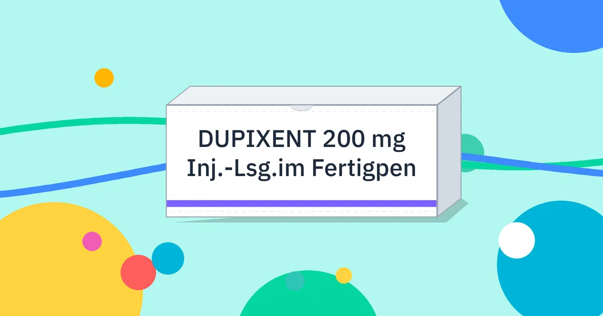 Symbolbild: Packung mit der Aufschrift DUPIXENT 200 mg Inj.-Lsg.im Fertigpen (PZN 14350152) – Verfügbarkeit und Bezug in Apotheken in Frankfurt am Main
