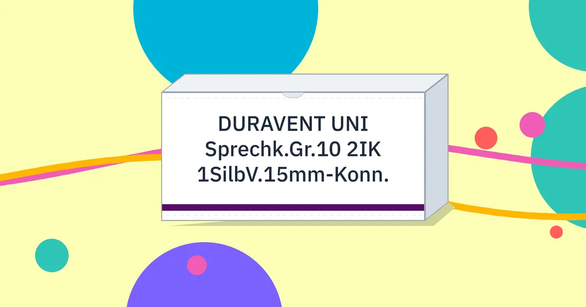 Symbolbild: Packung mit der Aufschrift DURAVENT UNI Sprechk.Gr.10 2IK 1SilbV.15mm-Konn. (PZN 02070507) – Verfügbarkeit und Bezug in Apotheken in Frankfurt am Main
