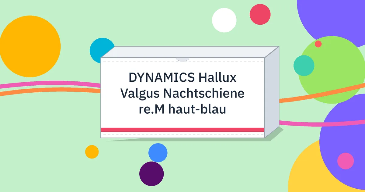 Symbolbild: Packung mit der Aufschrift DYNAMICS Hallux Valgus Nachtschiene re.M haut-blau (PZN 10632445) – Verfügbarkeit und Bezug in Apotheken in Frankfurt am Main