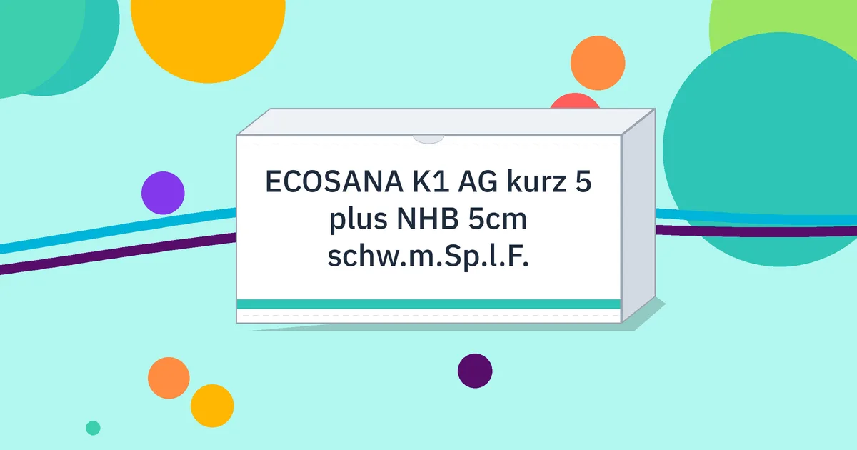 Symbolbild: Packung mit der Aufschrift ECOSANA K1 AG kurz 5 plus NHB 5cm schw.m.Sp.l.F. (PZN 04728980) – Verfügbarkeit und Bezug in Apotheken in Frankfurt am Main