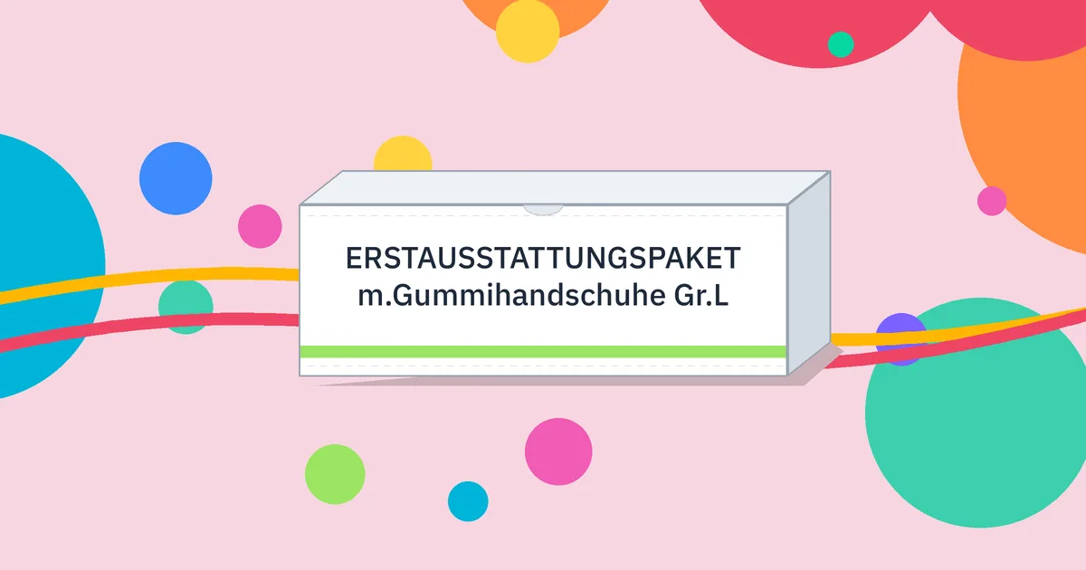Symbolbild: Packung mit der Aufschrift ERSTAUSSTATTUNGSPAKET m.Gummihandschuhe Gr.L (PZN 14409951) – Verfügbarkeit und Bezug in Apotheken in Frankfurt am Main