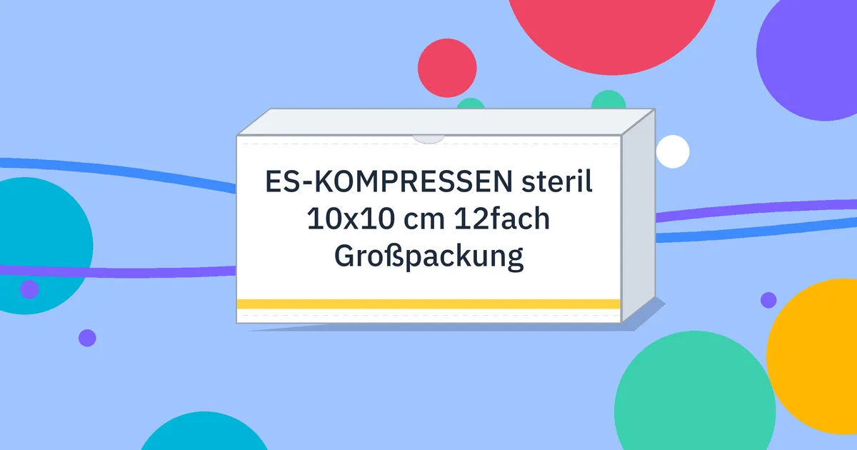 Symbolbild: Packung mit der Aufschrift ES-KOMPRESSEN steril 10x10 cm 12fach Großpackung (PZN 19407543) – Verfügbarkeit und Bezug in Apotheken in Frankfurt am Main