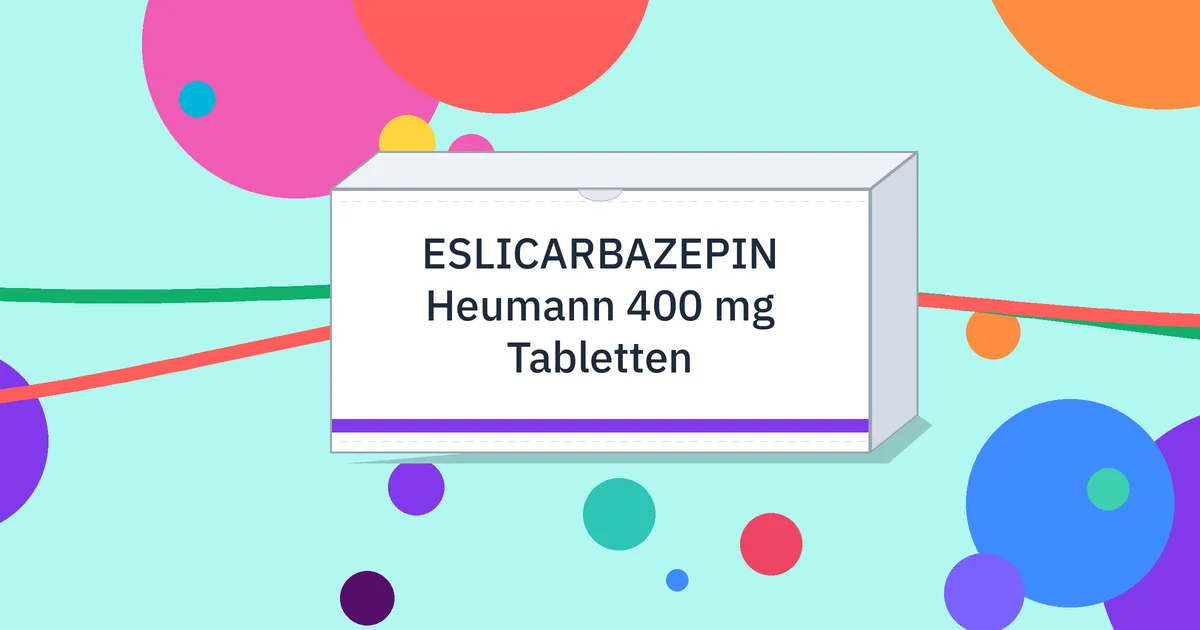 Symbolbild: Packung mit der Aufschrift ESLICARBAZEPIN Heumann 400 mg Tabletten (PZN 18438211) – Verfügbarkeit und Bezug in Apotheken in Frankfurt am Main
