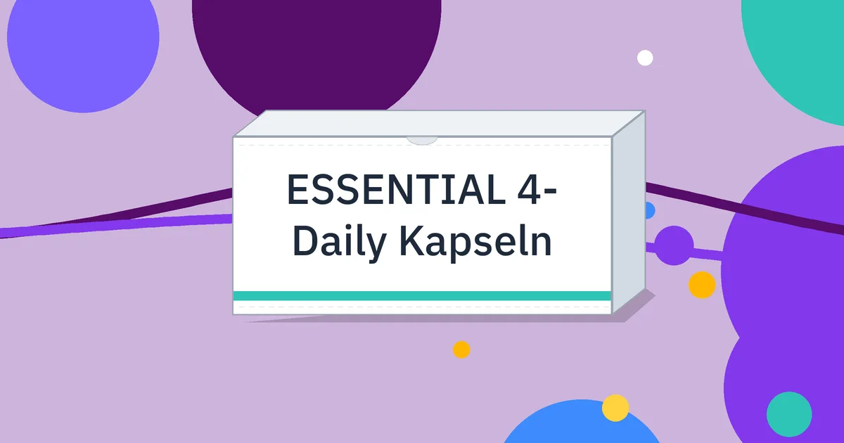 Symbolbild: Packung mit der Aufschrift ESSENTIAL 4-Daily Kapseln (PZN 18427236) – Verfügbarkeit und Bezug in Apotheken in Frankfurt am Main