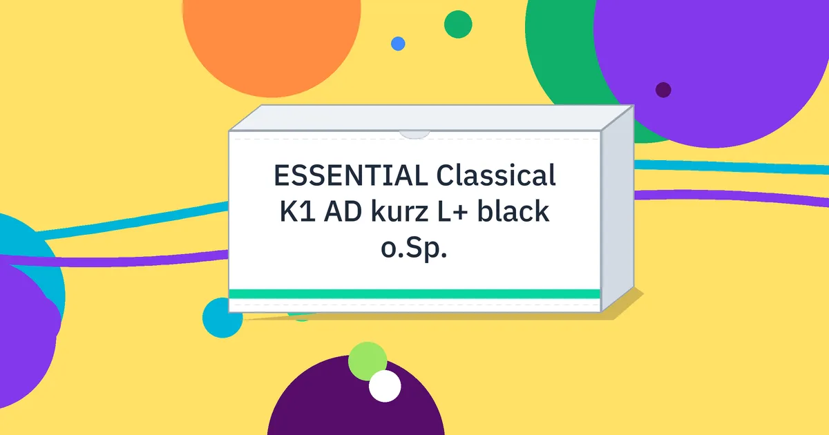 Symbolbild: Packung mit der Aufschrift ESSENTIAL Classical K1 AD kurz L+ black o.Sp. (PZN 17004249) – Verfügbarkeit und Bezug in Apotheken in Frankfurt am Main