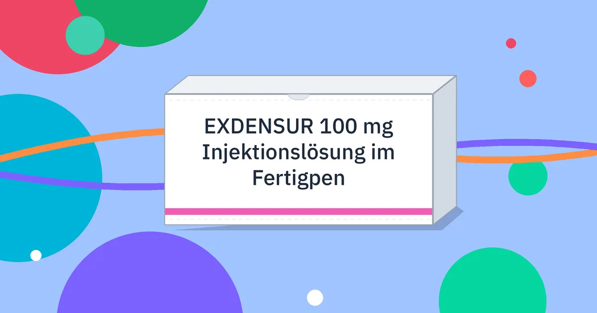 Symbolbild: Packung mit der Aufschrift EXDENSUR 100 mg Injektionslösung im Fertigpen (PZN 20113663) – Verfügbarkeit und Bezug in Apotheken in Frankfurt am Main