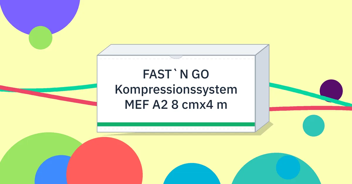 Symbolbild: Packung mit der Aufschrift FAST`N GO Kompressionssystem MEF A2 8 cmx4 m (PZN 15306495) – Verfügbarkeit und Bezug in Apotheken in Frankfurt am Main