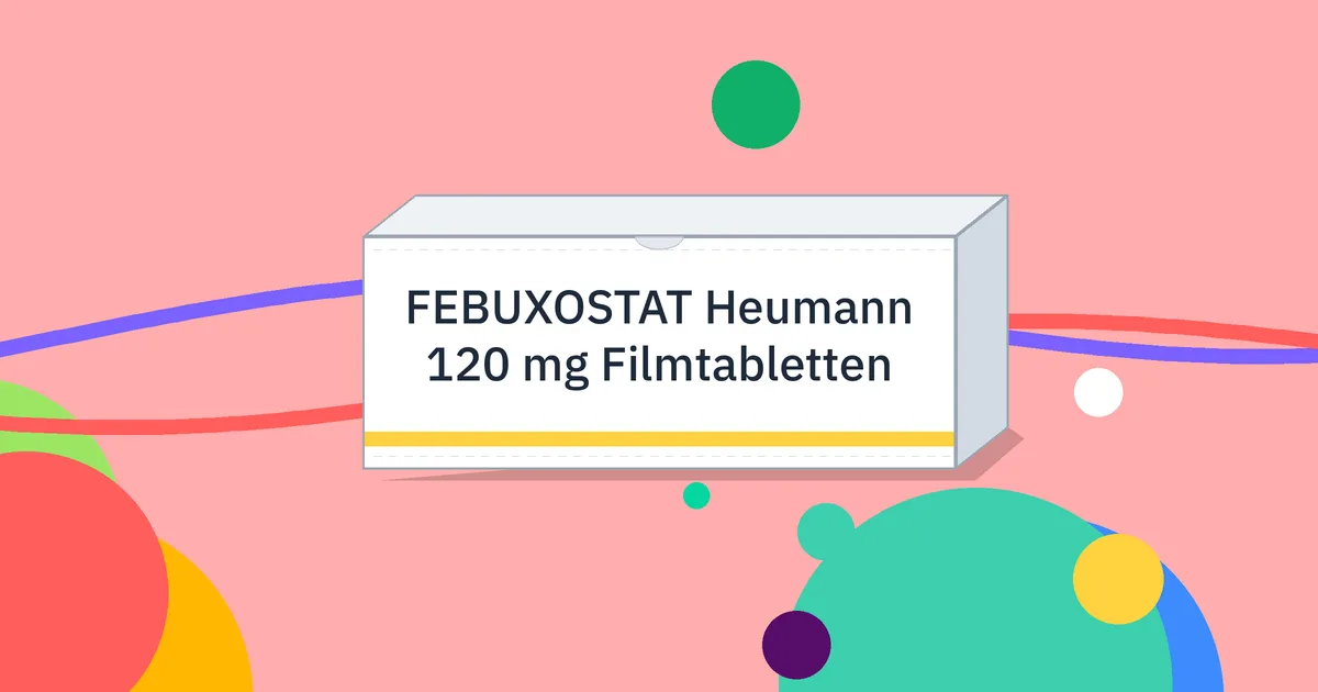 Symbolbild: Packung mit der Aufschrift FEBUXOSTAT Heumann 120 mg Filmtabletten (PZN 14215052) – Verfügbarkeit und Bezug in Apotheken in Frankfurt am Main