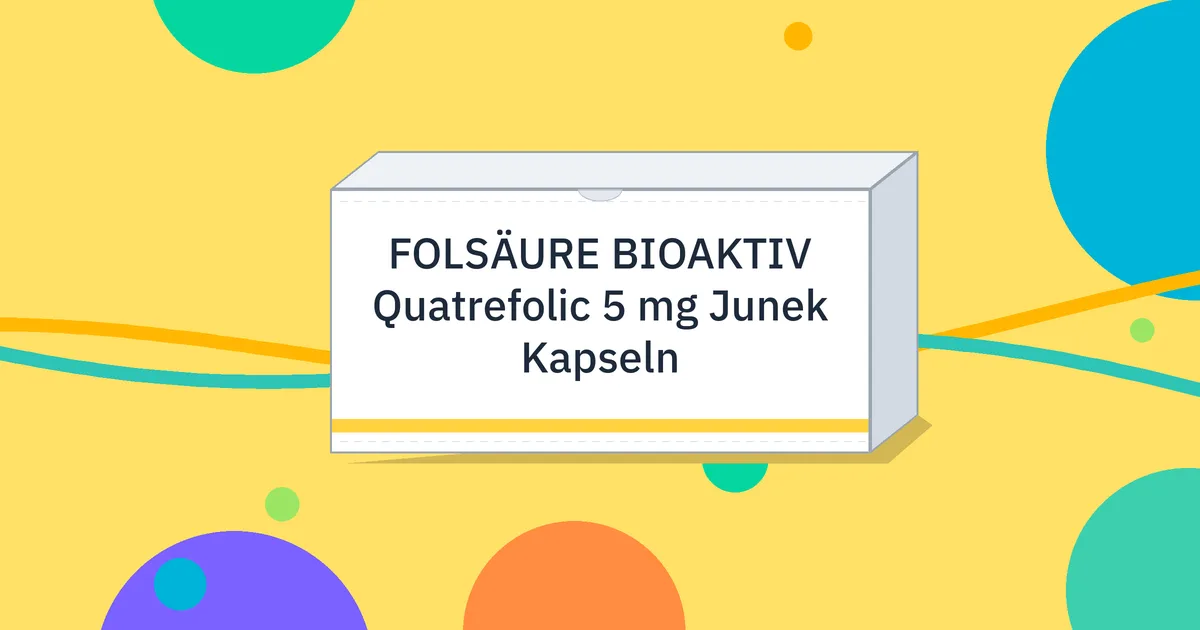 Symbolbild: Packung mit der Aufschrift FOLSÄURE BIOAKTIV Quatrefolic 5 mg Junek Kapseln (PZN 18311108) – Verfügbarkeit und Bezug in Apotheken in Frankfurt am Main