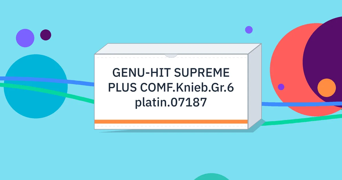Symbolbild: Packung mit der Aufschrift GENU-HIT SUPREME PLUS COMF.Knieb.Gr.6 platin.07187 (PZN 18181433) – Verfügbarkeit und Bezug in Apotheken in Frankfurt am Main