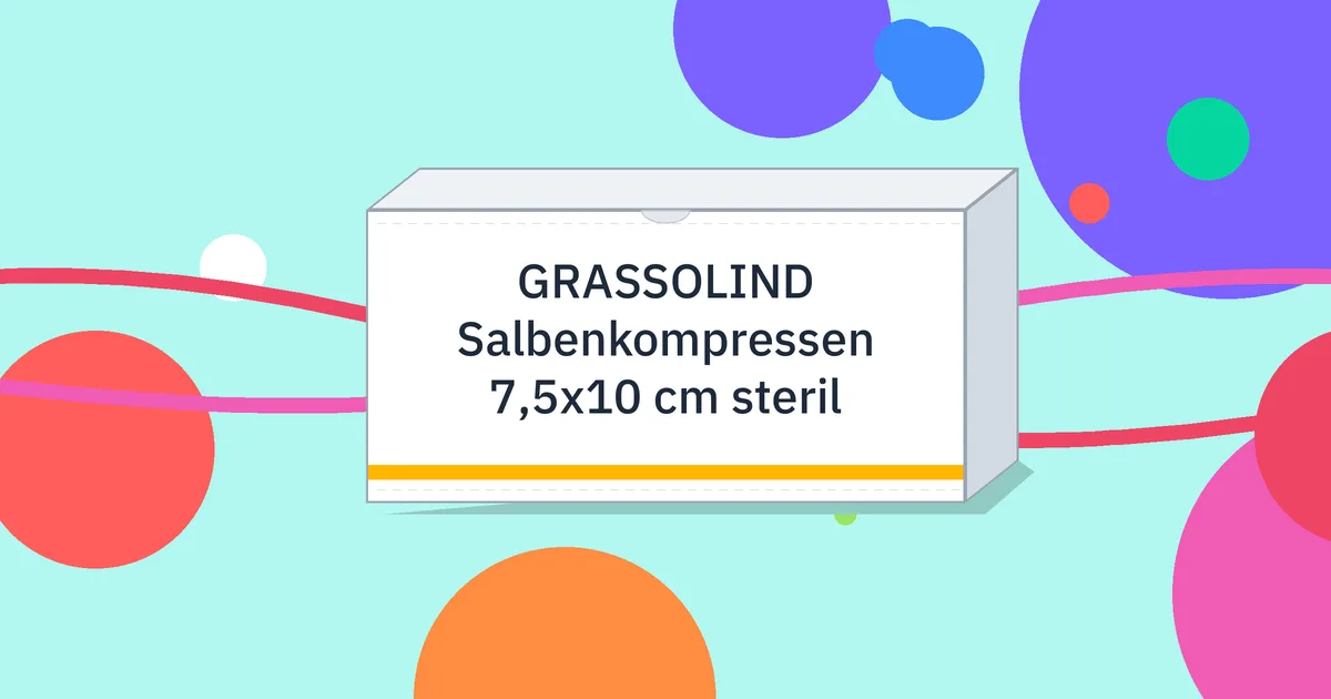 Symbolbild: Packung mit der Aufschrift GRASSOLIND Salbenkompressen 7,5x10 cm steril (PZN 04460342) – Verfügbarkeit und Bezug in Apotheken in Frankfurt am Main