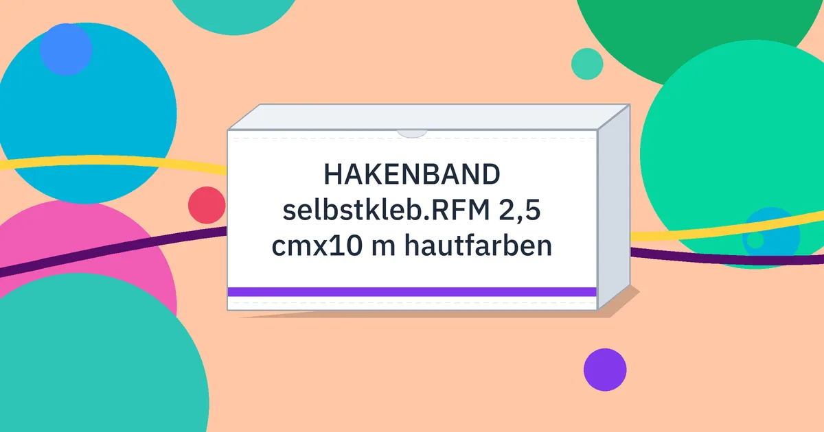 Symbolbild: Packung mit der Aufschrift HAKENBAND selbstkleb.RFM 2,5 cmx10 m hautfarben (PZN 06489806) – Verfügbarkeit und Bezug in Apotheken in Frankfurt am Main
