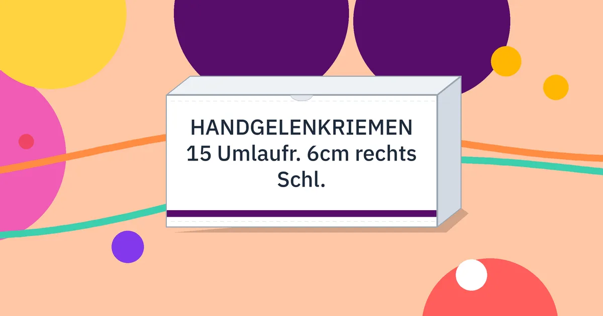 Symbolbild: Packung mit der Aufschrift HANDGELENKRIEMEN 15 Umlaufr. 6cm rechts Schl. (PZN 01962847) – Verfügbarkeit und Bezug in Apotheken in Frankfurt am Main