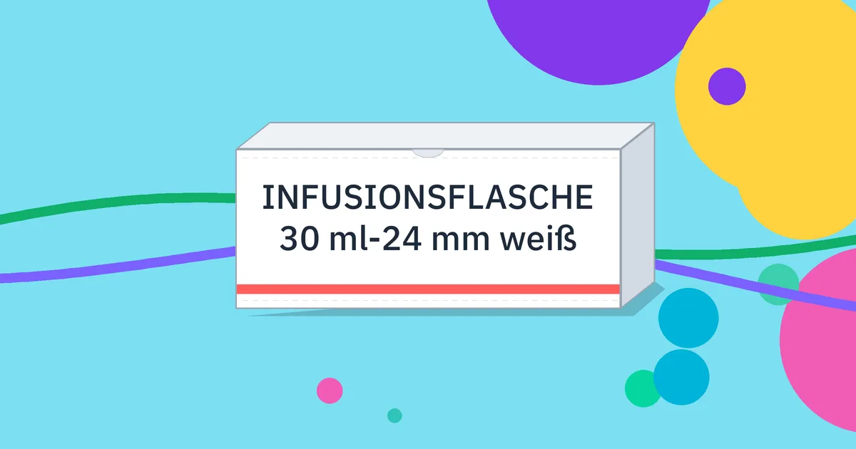 Symbolbild: Packung mit der Aufschrift INFUSIONSFLASCHE 30 ml-24 mm weiß (PZN 18014994) – Verfügbarkeit und Bezug in Apotheken in Frankfurt am Main
