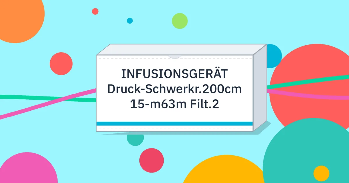 Symbolbild: Packung mit der Aufschrift INFUSIONSGERÄT Druck-Schwerkr.200cm 15-m63m Filt.2 (PZN 17395190) – Verfügbarkeit und Bezug in Apotheken in Frankfurt am Main