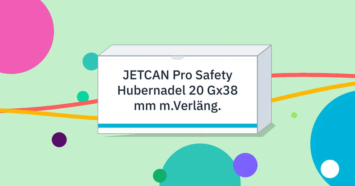 Symbolbild: Packung mit der Aufschrift JETCAN Pro Safety Hubernadel 20 Gx38 mm m.Verläng. (PZN 19238632) – Verfügbarkeit und Bezug in Apotheken in Frankfurt am Main