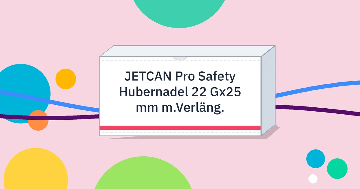 Symbolbild: Packung mit der Aufschrift JETCAN Pro Safety Hubernadel 22 Gx25 mm m.Verläng. (PZN 19420911) – Verfügbarkeit und Bezug in Apotheken in Frankfurt am Main