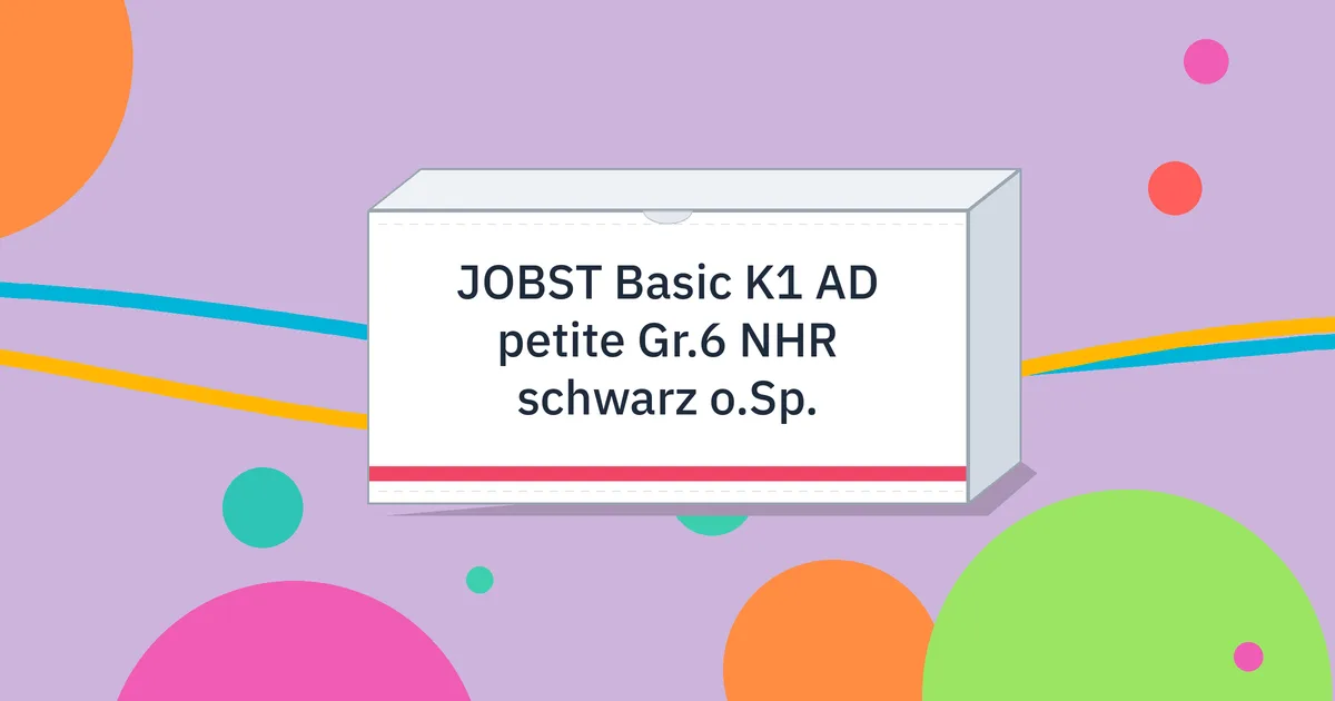 Symbolbild: Packung mit der Aufschrift JOBST Basic K1 AD petite Gr.6 NHR schwarz o.Sp. (PZN 15313549) – Verfügbarkeit und Bezug in Apotheken in Frankfurt am Main