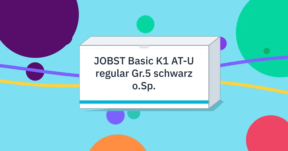 Symbolbild: Packung mit der Aufschrift JOBST Basic K1 AT-U regular Gr.5 schwarz o.Sp. (PZN 15310640) – Verfügbarkeit und Bezug in Apotheken in Frankfurt am Main