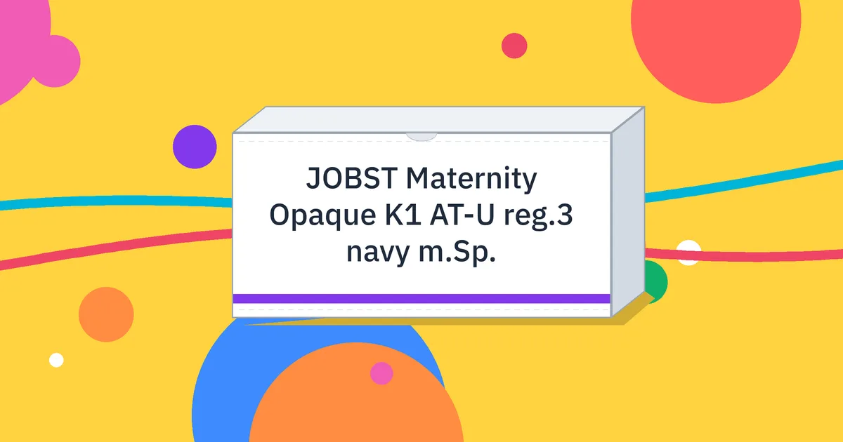 Symbolbild: Packung mit der Aufschrift JOBST Maternity Opaque K1 AT-U reg.3 navy m.Sp. (PZN 15859975) – Verfügbarkeit und Bezug in Apotheken in Frankfurt am Main