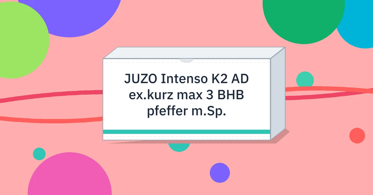 Symbolbild: Packung mit der Aufschrift JUZO Intenso K2 AD ex.kurz max 3 BHB pfeffer m.Sp. (PZN 18613720) – Verfügbarkeit und Bezug in Apotheken in Frankfurt am Main