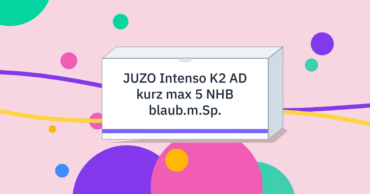 Symbolbild: Packung mit der Aufschrift JUZO Intenso K2 AD kurz max 5 NHB blaub.m.Sp. (PZN 18612241) – Verfügbarkeit und Bezug in Apotheken in Frankfurt am Main