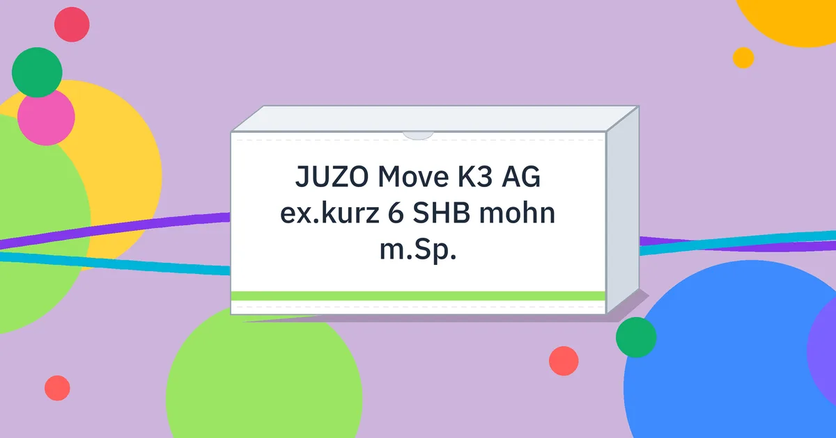 Symbolbild: Packung mit der Aufschrift JUZO Move K3 AG ex.kurz 6 SHB mohn m.Sp. (PZN 18595270) – Verfügbarkeit und Bezug in Apotheken in Frankfurt am Main