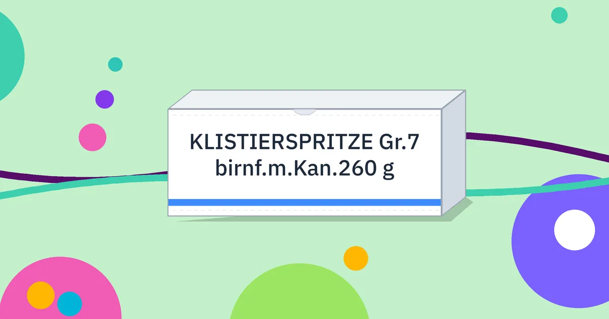 Symbolbild: Packung mit der Aufschrift KLISTIERSPRITZE Gr.7 birnf.m.Kan.260 g (PZN 03186502) – Verfügbarkeit und Bezug in Apotheken in Frankfurt am Main
