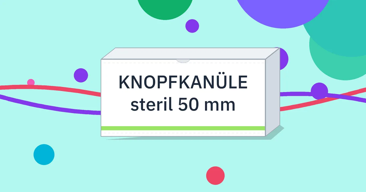 Symbolbild: Packung mit der Aufschrift KNOPFKANÜLE steril 50 mm (PZN 16778701) – Verfügbarkeit und Bezug in Apotheken in Frankfurt am Main